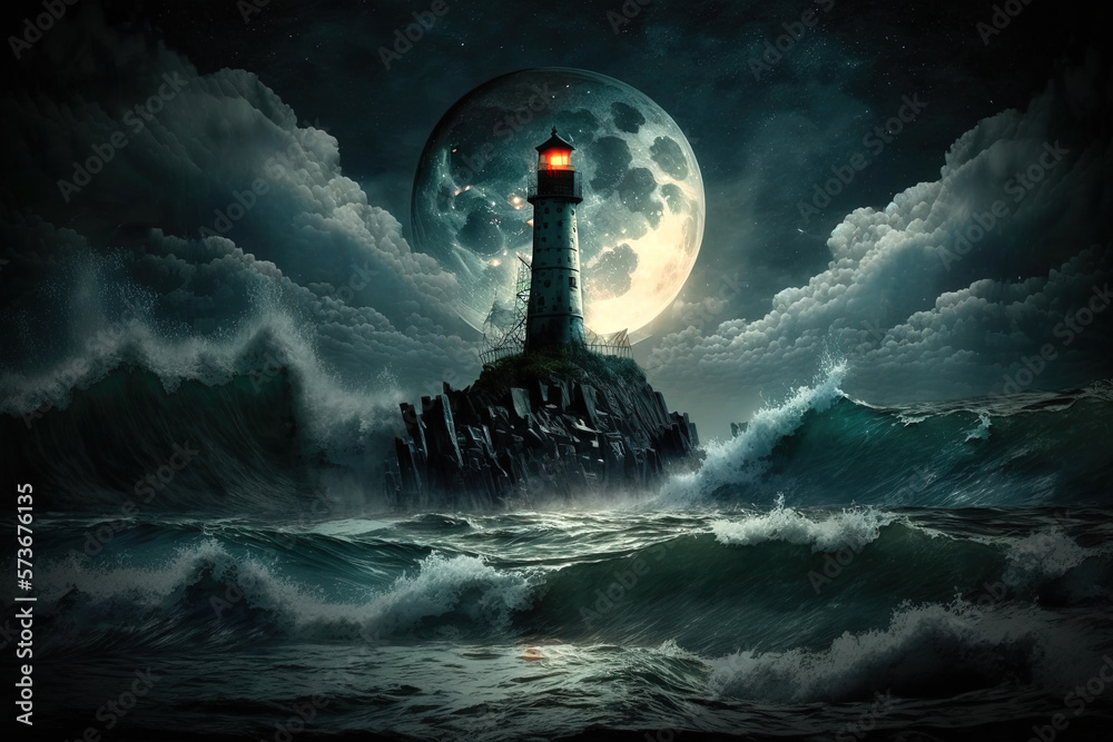 Lighthouse in a storm with thunder, lightning, full moon and big waves ...