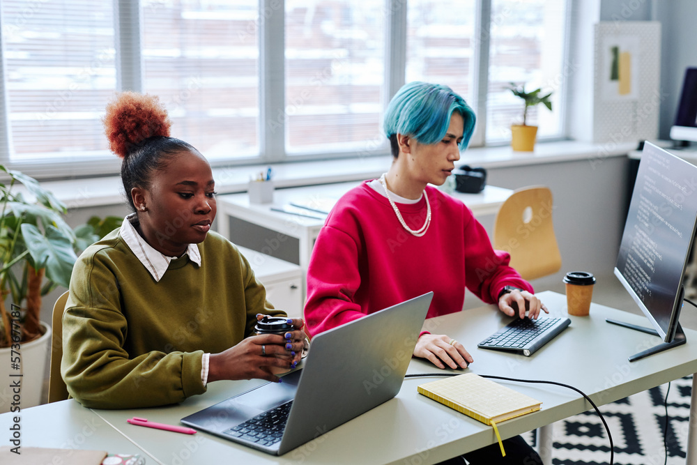Portrait of two gen Z young people using computers while developing ...