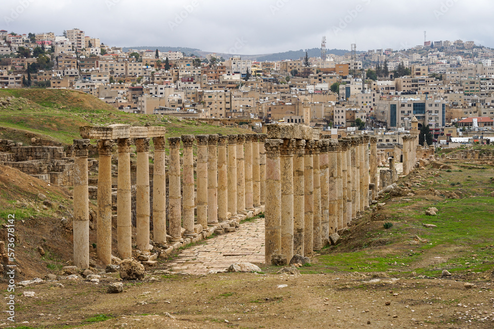 Jerash ruins of famous Roman City, Jordan, well preserved pillars and ...