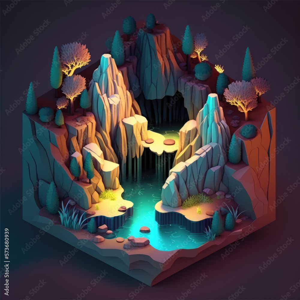 mysterious cave and a river of light, isometric low poly view AI ...
