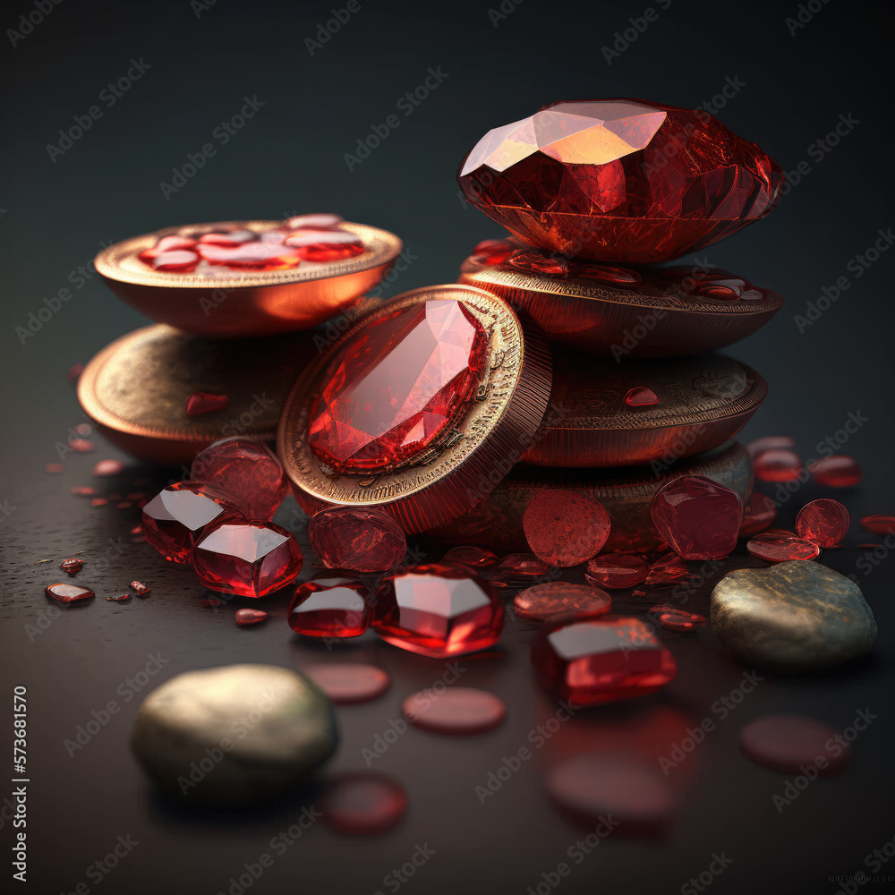 copper coins and ruby-red stones podium, empty showcase for packaging ...