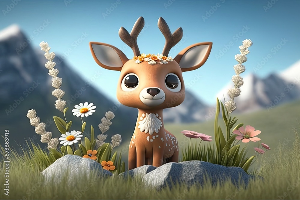 Cute Cartoon Baby Deer in a Spring Meadow (Created with Generative AI ...