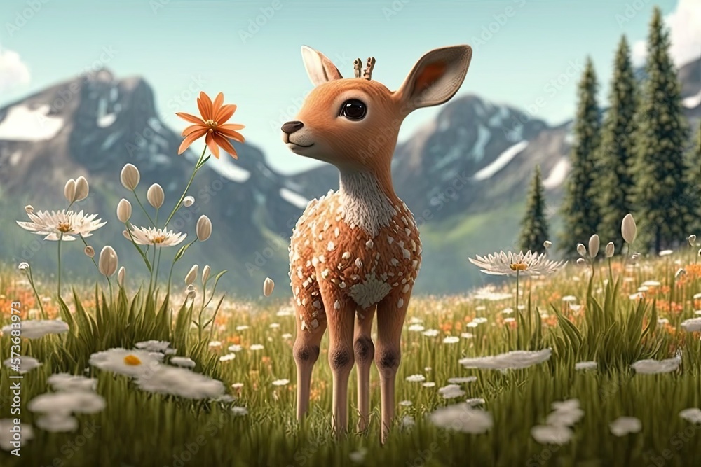 Cute Cartoon Baby Deer in a Spring Meadow (Created with Generative AI ...