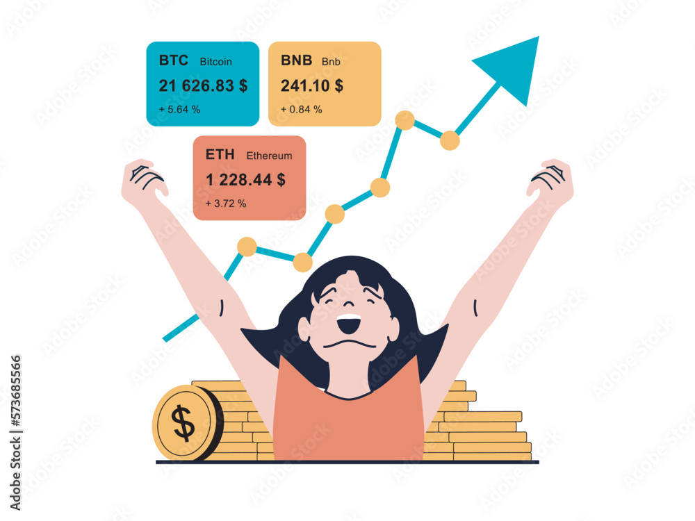 Stock trading concept with character situation. Happy excited woman ...