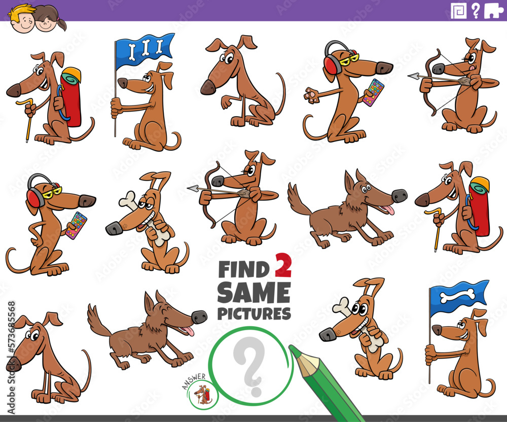 find two same cartoon dog characters educational game Stock Vector ...