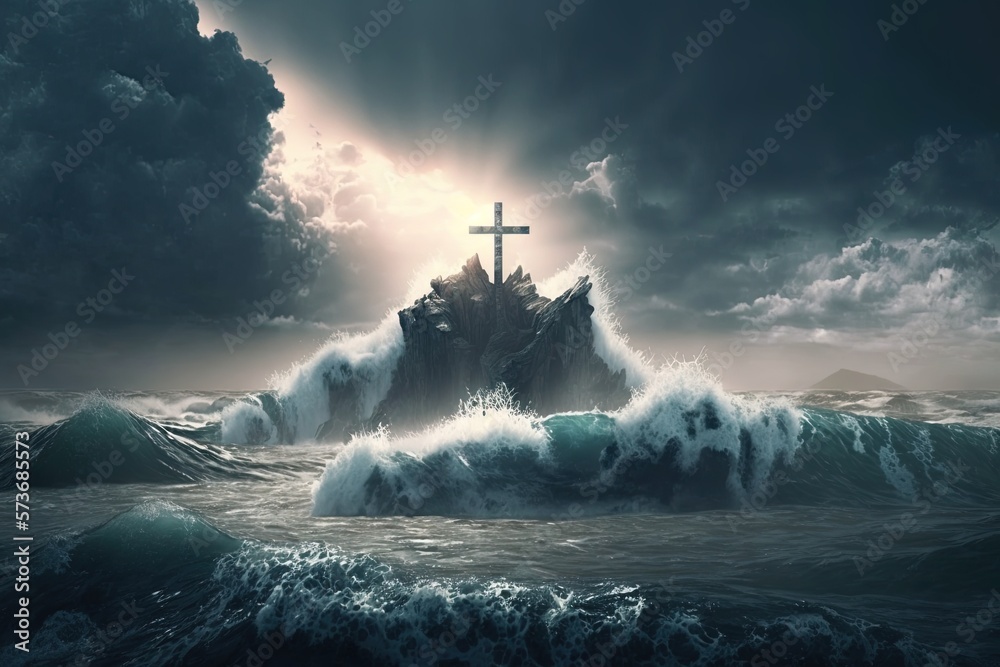 Cross in the middle of a big wave in the ocean saving cross of Jesus ...