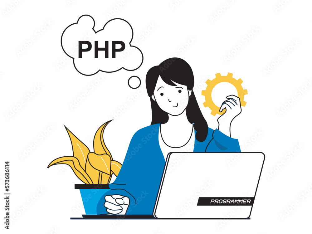 Web development concept with character situation. Woman working with ...