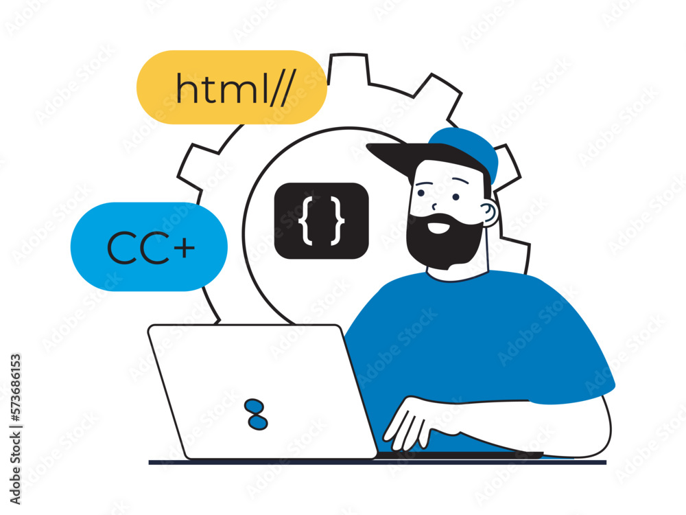 Web development concept with character situation. Man working with html ...