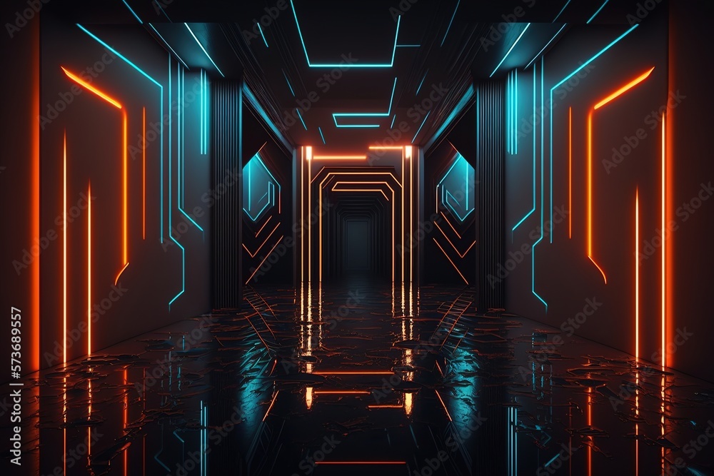 Glowing laser lines inside a dark empty room. Abstract dark neon ...