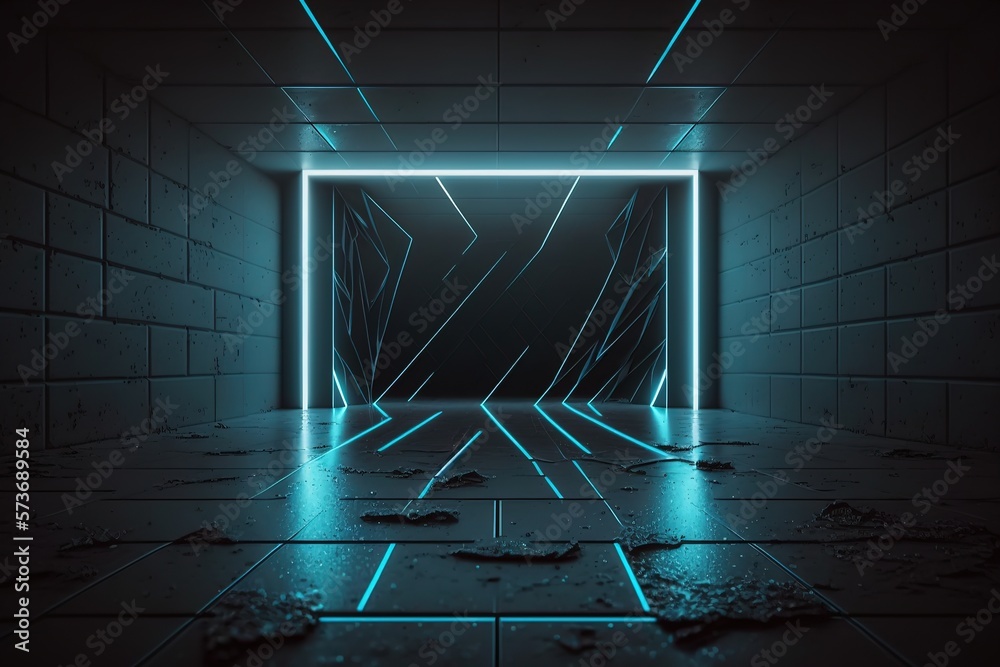 Glowing laser lines inside a dark empty room. Abstract dark neon ...