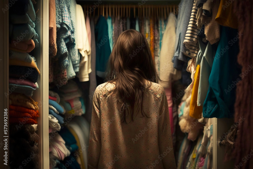 Young woman organizing her closet. Woman choosing clothes to wear ...