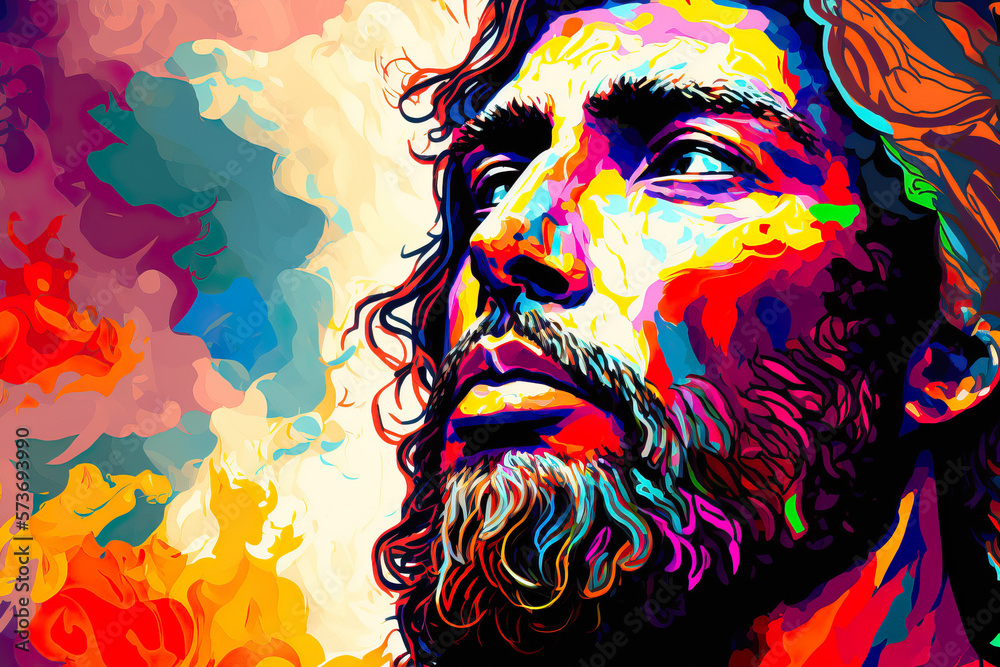 Hyper-detailed portrait of Jesus on a colorful bold chromatic ...