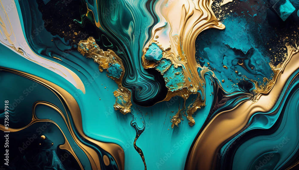 Abstract paint background, gold and turquoise liquid texture, modern ...
