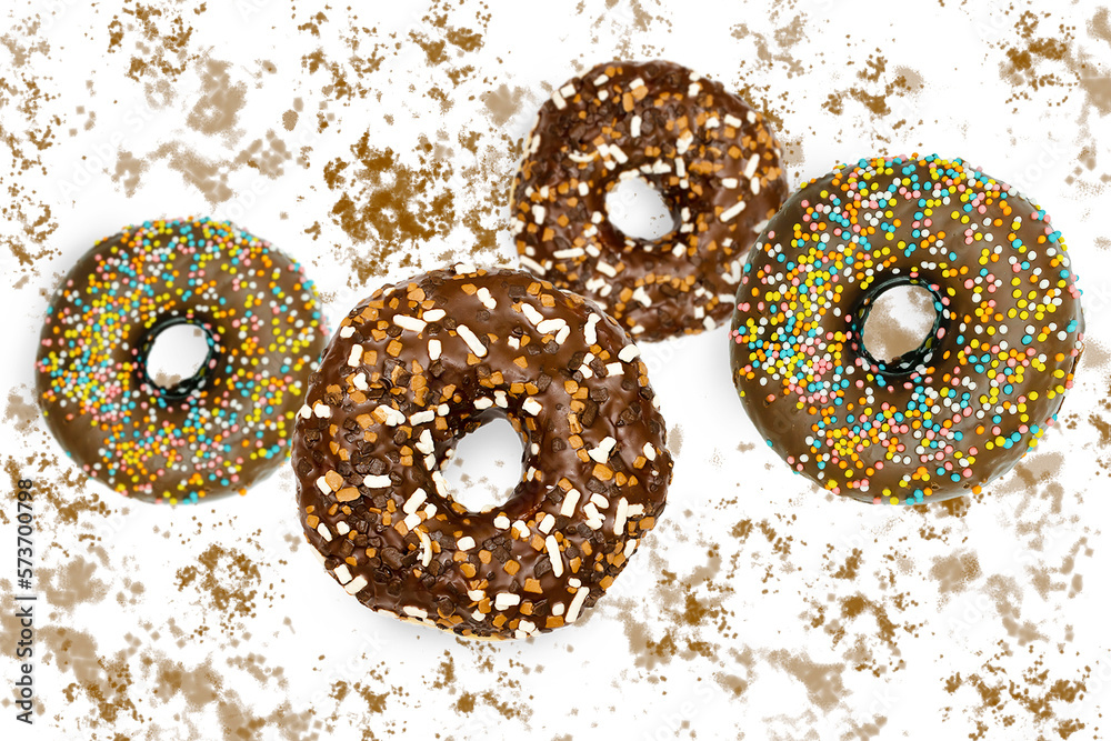 Flying falling levitating floating brown sweet sugar glazed doughnuts ...