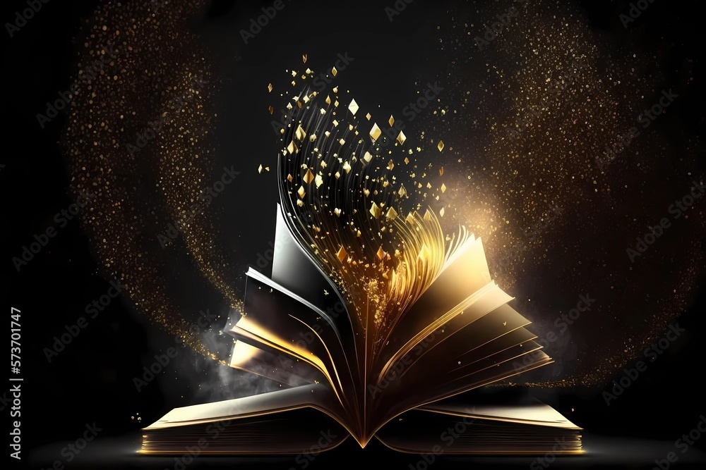 Open book with golden light particles that create a stunning and ...