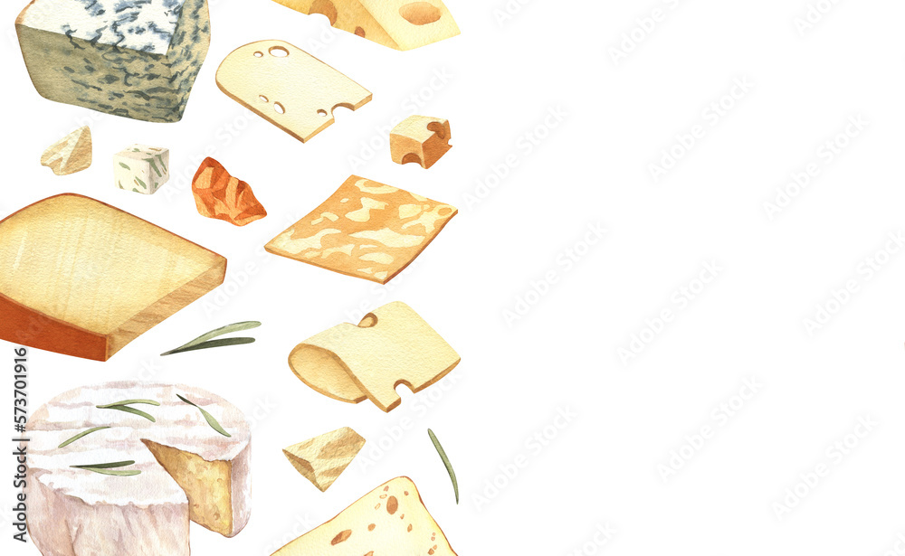 Watercolor different cheese frame template. Hand draw circle card ...