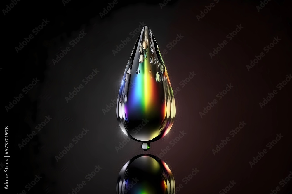 Close-up shot of a single drop reflecting the rays of a prism rainbow ...