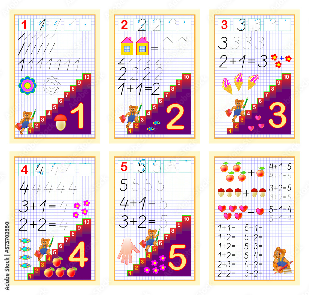Set of educational pages on square paper for children with numbers from ...