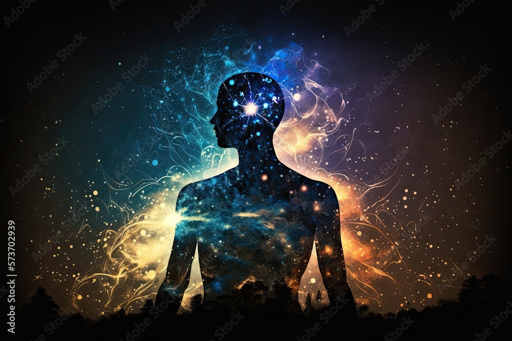 Astral body silhouette with abstract space background, esoteric (AI ...