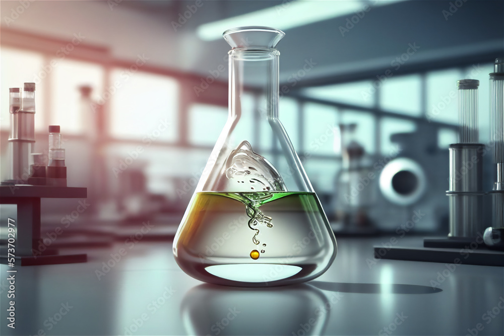 chemistry reaction in an erlenmeyer flask in laboratory, generative ai ...