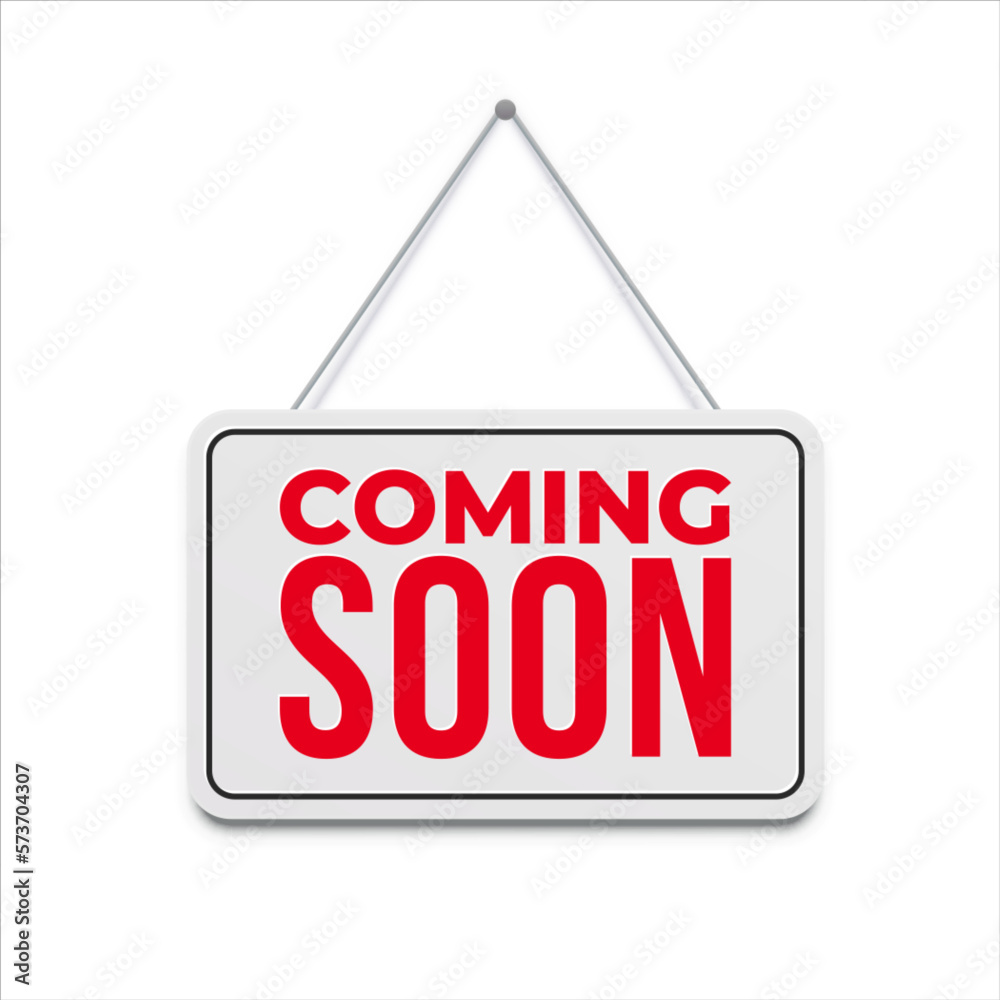 Coming soon sign, banner background or new sale tag, vector red label ...
