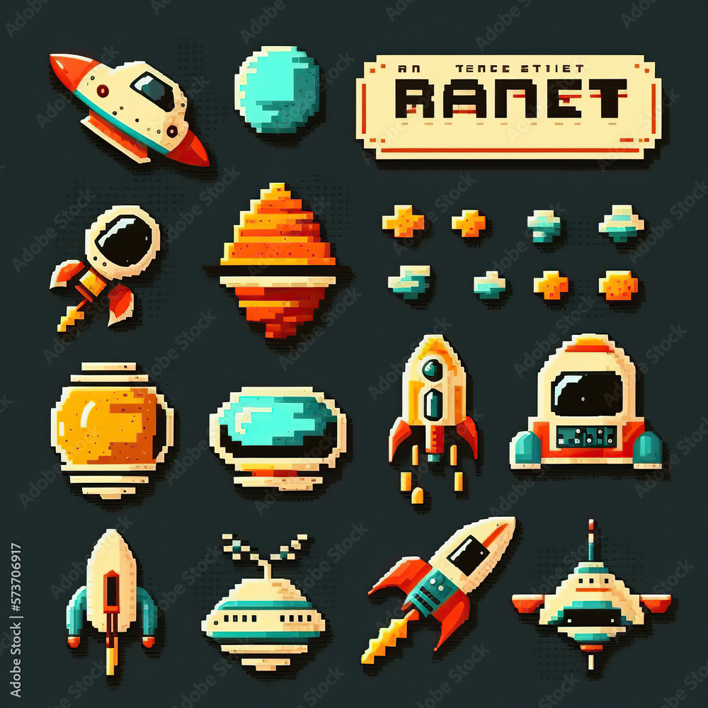 Pixel art assets space ,16 bits, 8 bits, Retro, vintage. Stock ...