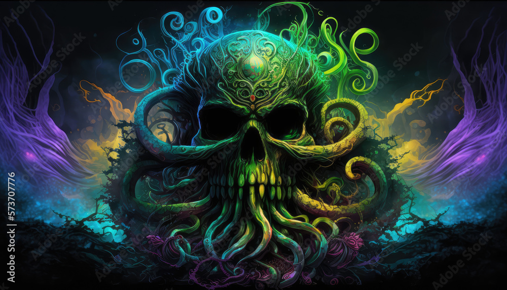 ภาพประกอบสต็อก A haunting and psychedelic depiction of Cthulhu and the ...