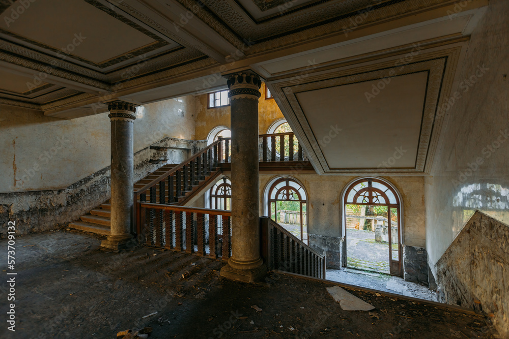 Inside of old creepy abandoned mansion. Staircase and colonnade Stock ...