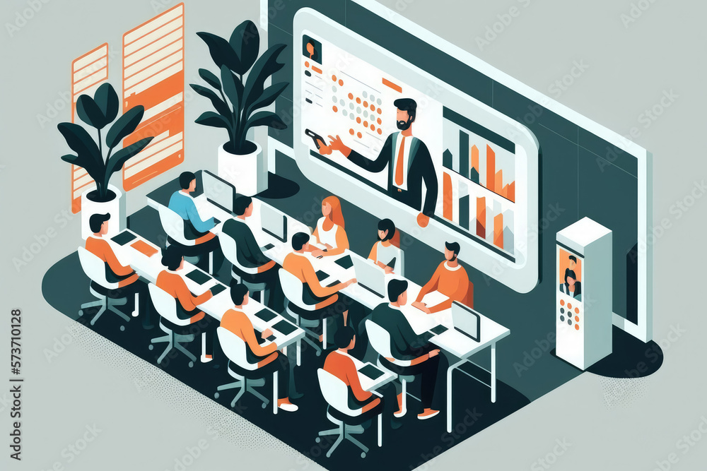 Team of employees receiving training on new software in a high-tech ...