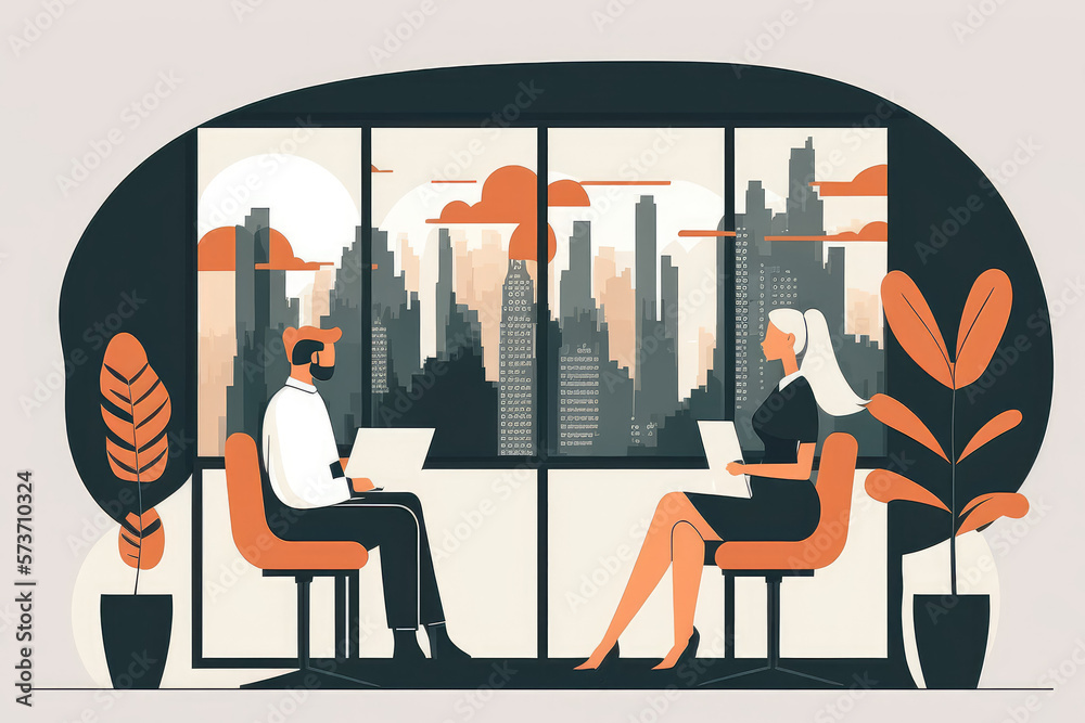 Stylized job interview with a young couple in a modern office with a ...