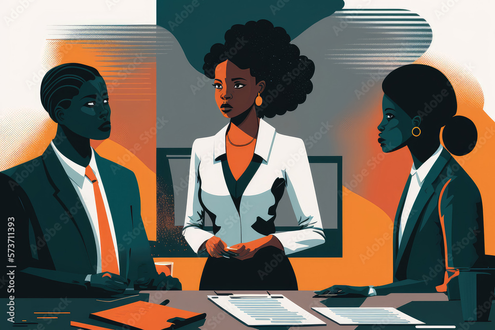 Fierce black businesswoman leading a team discussion in a contemporary ...