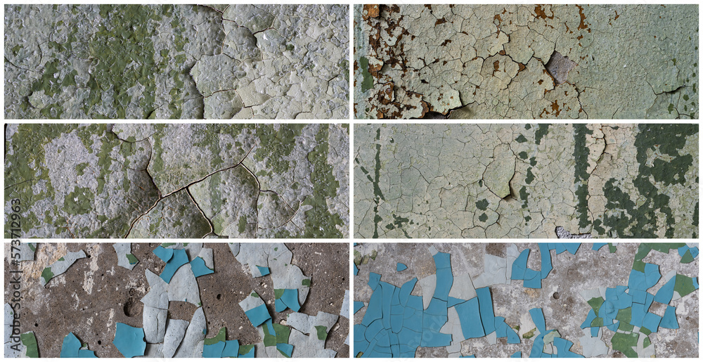 Set of peeling paint textures. Old concrete walls with cracked flaking ...
