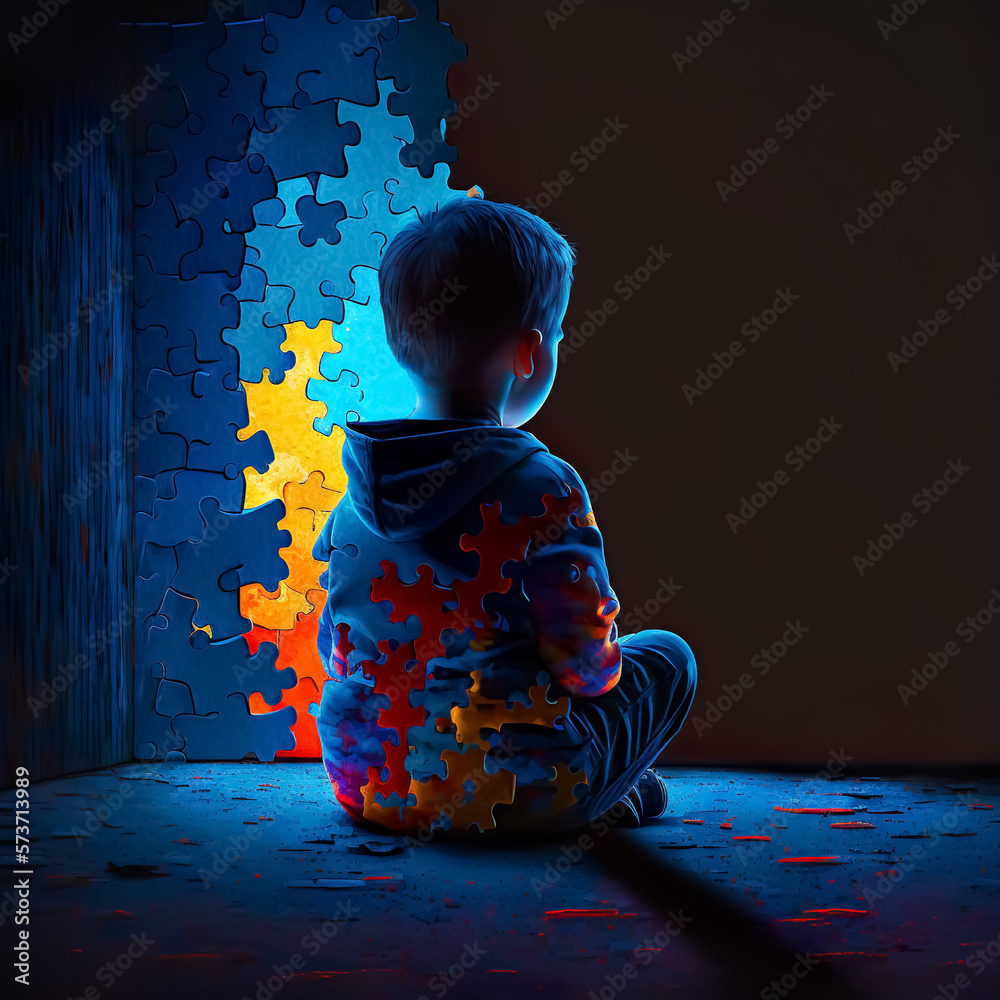 World autism awareness day. Little boy sitting before the wall made ...