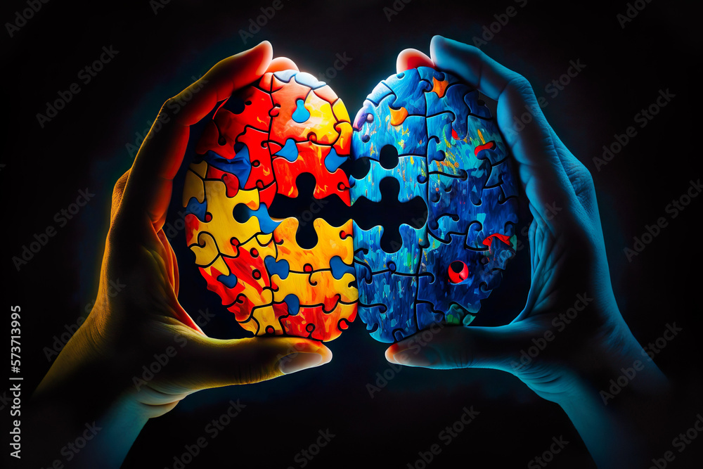 World autism awareness day. Hands holding brain made from jigsaw puzzle ...