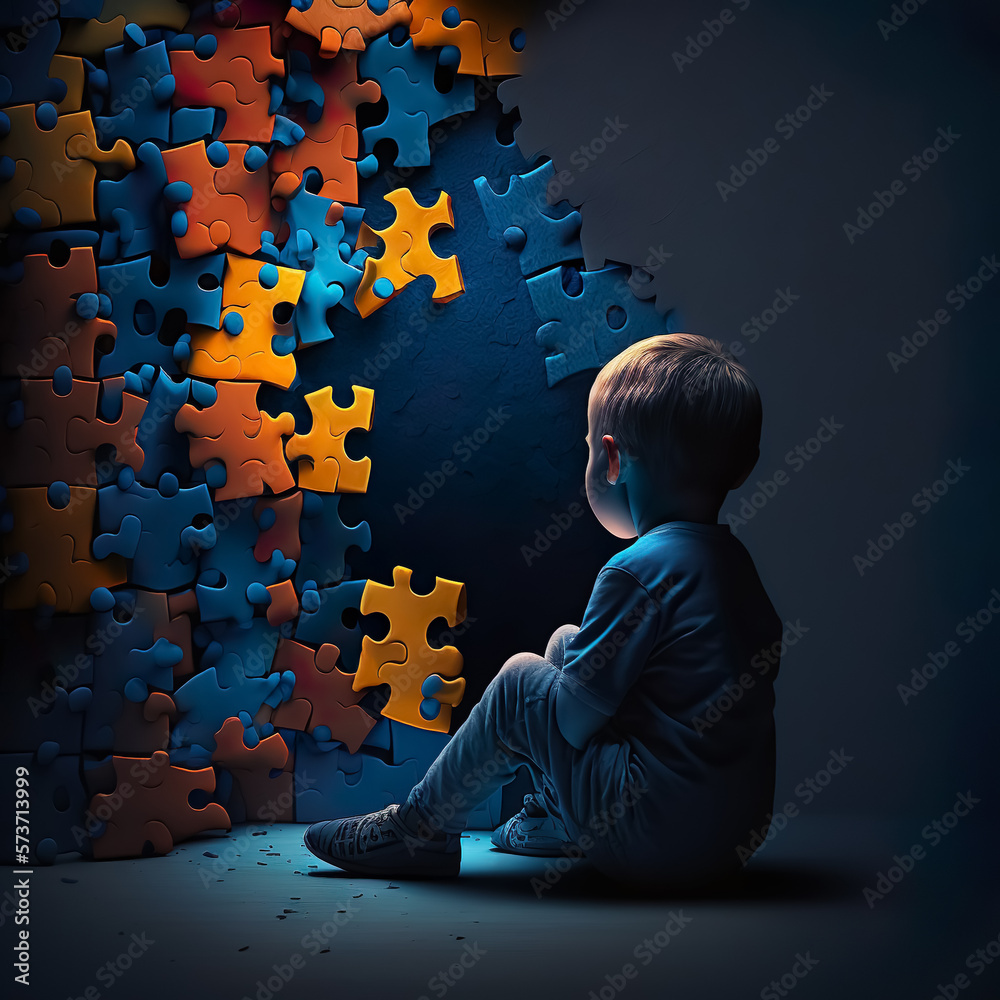 World autism awareness day. Little boy sitting before the wall made ...