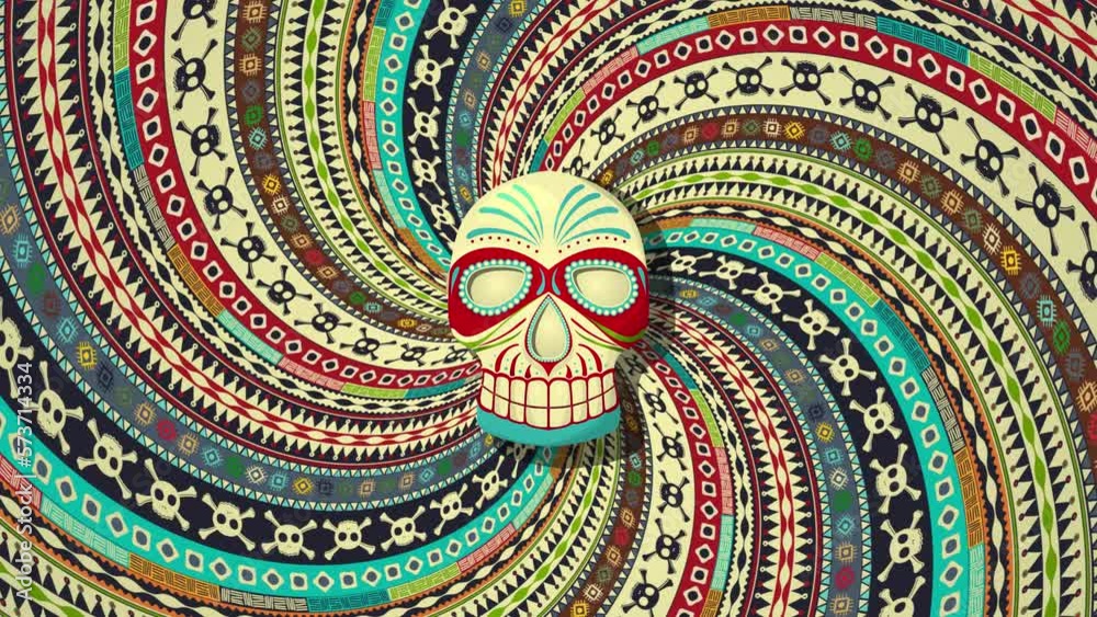 Sugar skull mask over a rotating spiral background, loop animation ...