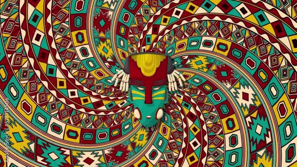 Tribal mask over a rotating spiral background, loop animation Stock 비디오 ...