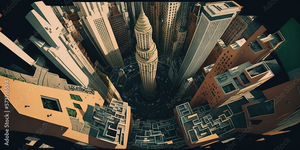 bustling cityscape filled with tall skyscrapers crisscrossing roads and ...