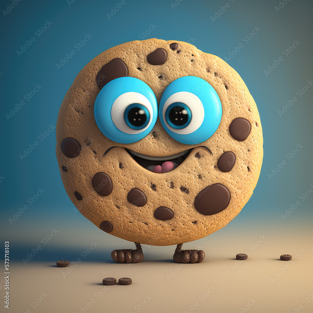 3d cartoon cookie character. Sweet cookie with chocolate crumbs and big ...