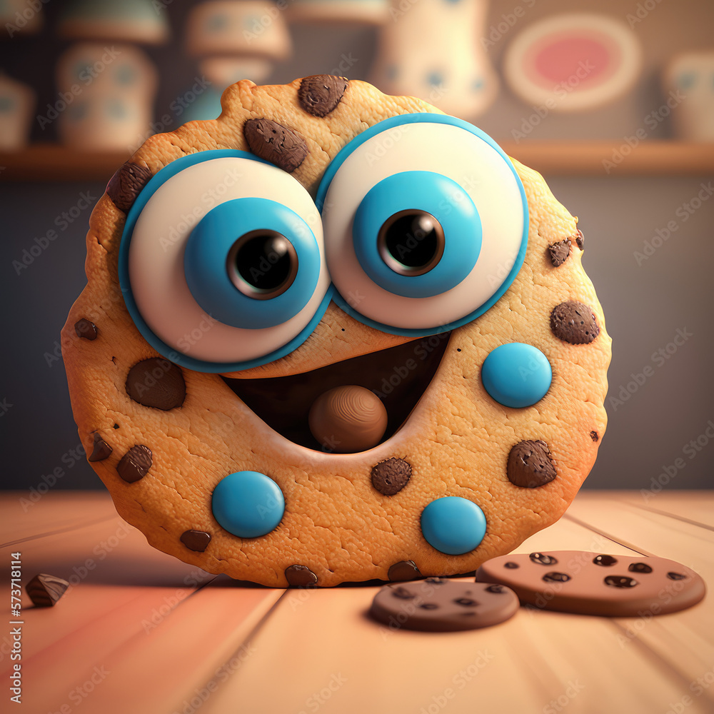 ภาพประกอบสต็อก 3d cartoon cookie character. Sweet crazy cookie with chocolate crumbs and big ...