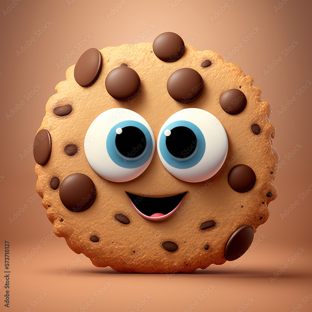 3d cartoon cookie character. Sweet cookie with many chocolate crumbs ...