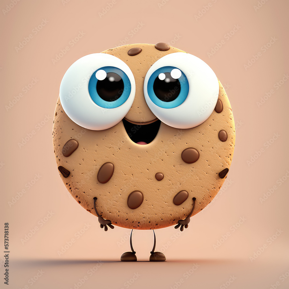 3d cartoon cookie character. Sweet cookie with chocolate crumbs and big ...
