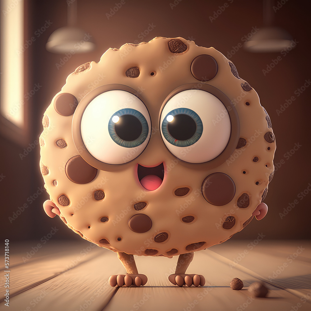 3d cute cartoon cookie character. Sweet cookie with chocolate crumbs ...