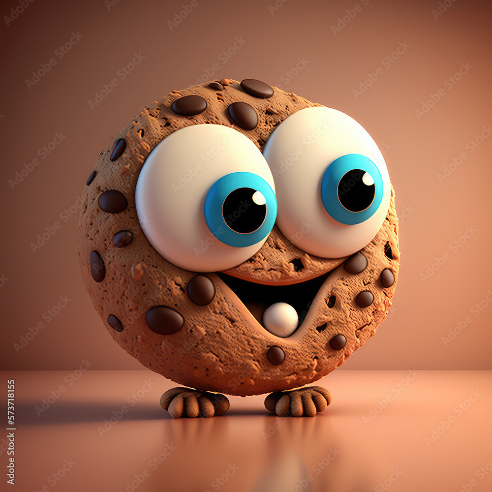 3d cartoon cookie character. Sweet cookie with chocolate crumbs and big ...