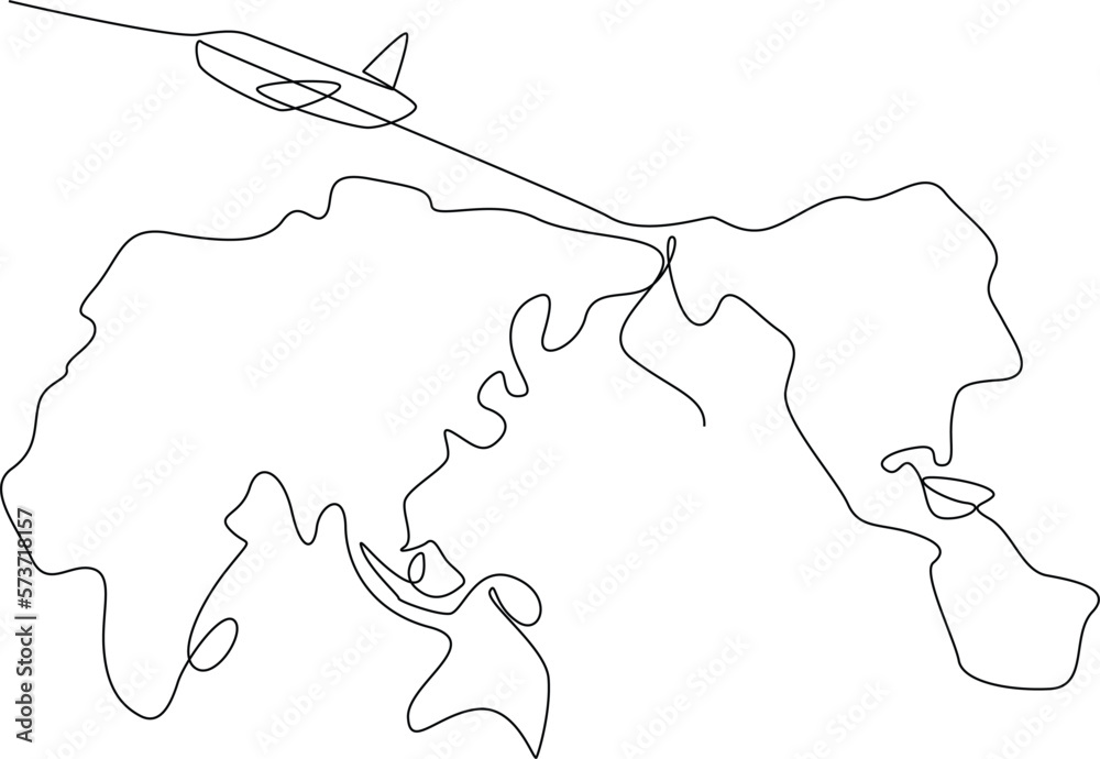 Continuous one line drawing World Travel Map and air plane. World ...