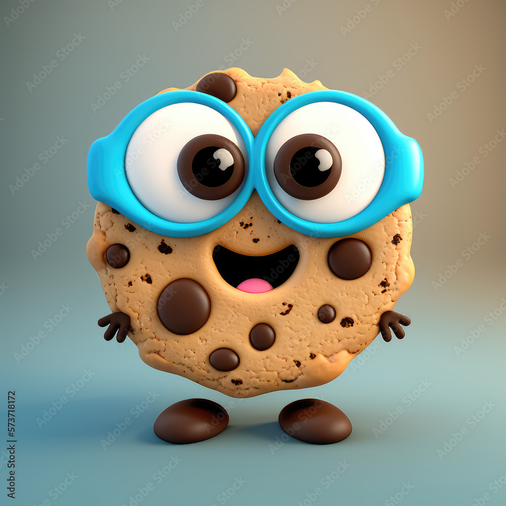 3d cartoon cookie character. Sweet cookie with chocolate crumbs and big ...