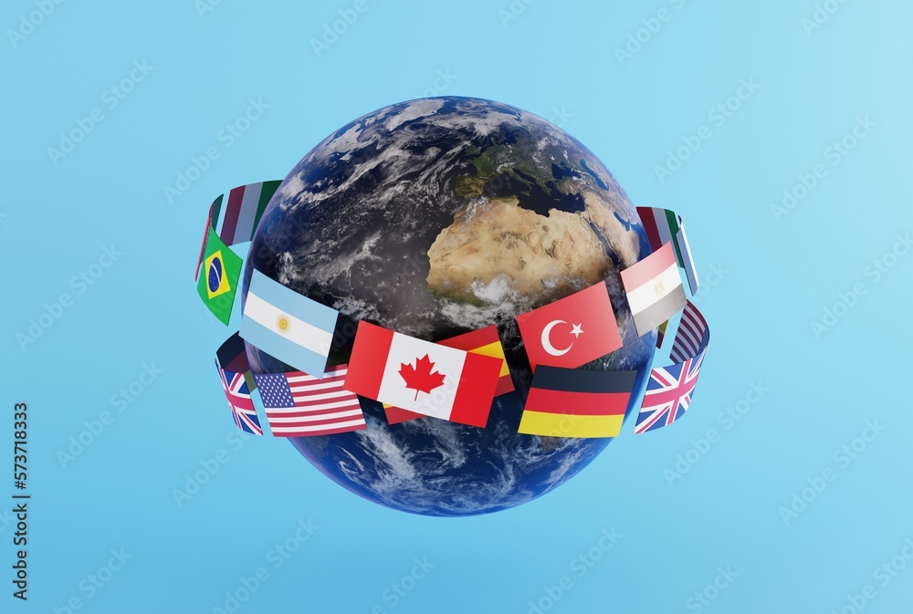 Planet Earth entwined by flags of different countries. Business and ...