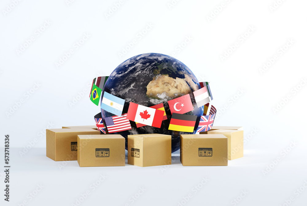 Planet Earth together with flags of different countries and courier ...