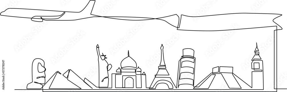 Continuous one line drawing air plane with famous world landmarks ...