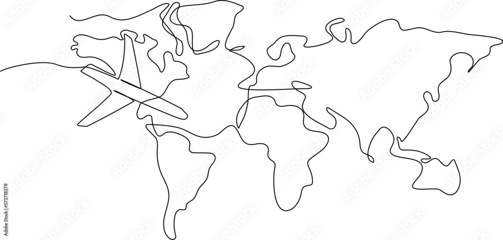 Continuous one line drawing World Travel Map and air plane. World ...